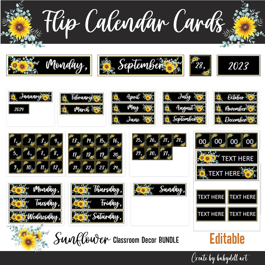 Sunflower Flip Calendar Cards | Editable Daily Calendar Packet Chart ...
