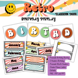 Birthday Bulletin Board Birthday Chart Display Editable Retro Classroom ...