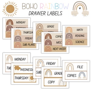 Boho Rainbow Rolling Cart Labels | Editable 10 Drawer Organizer Tags ...