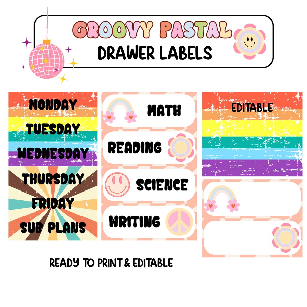 Groovy Pastel Cart Labels | Editable 10 Drawer Organizer Tags | Retro ...