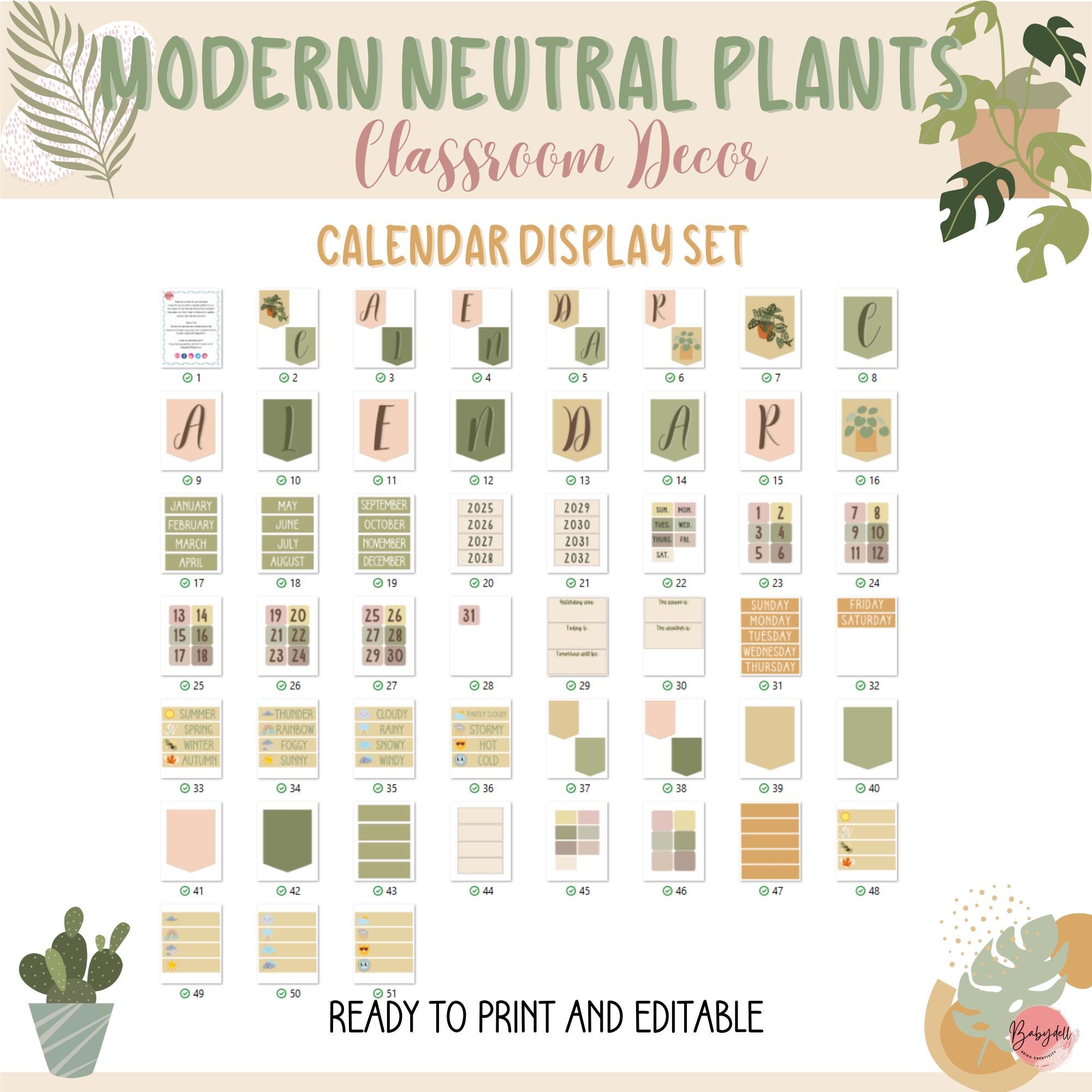 Neutral Classroom Calendar Kit: Plant Decor, Editable Display (digital ...