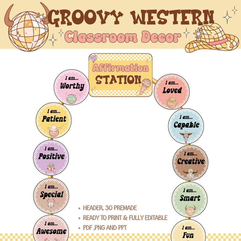 Retro Western Classroom Decor Bundle Disco Cowgirl Theme Printable ...