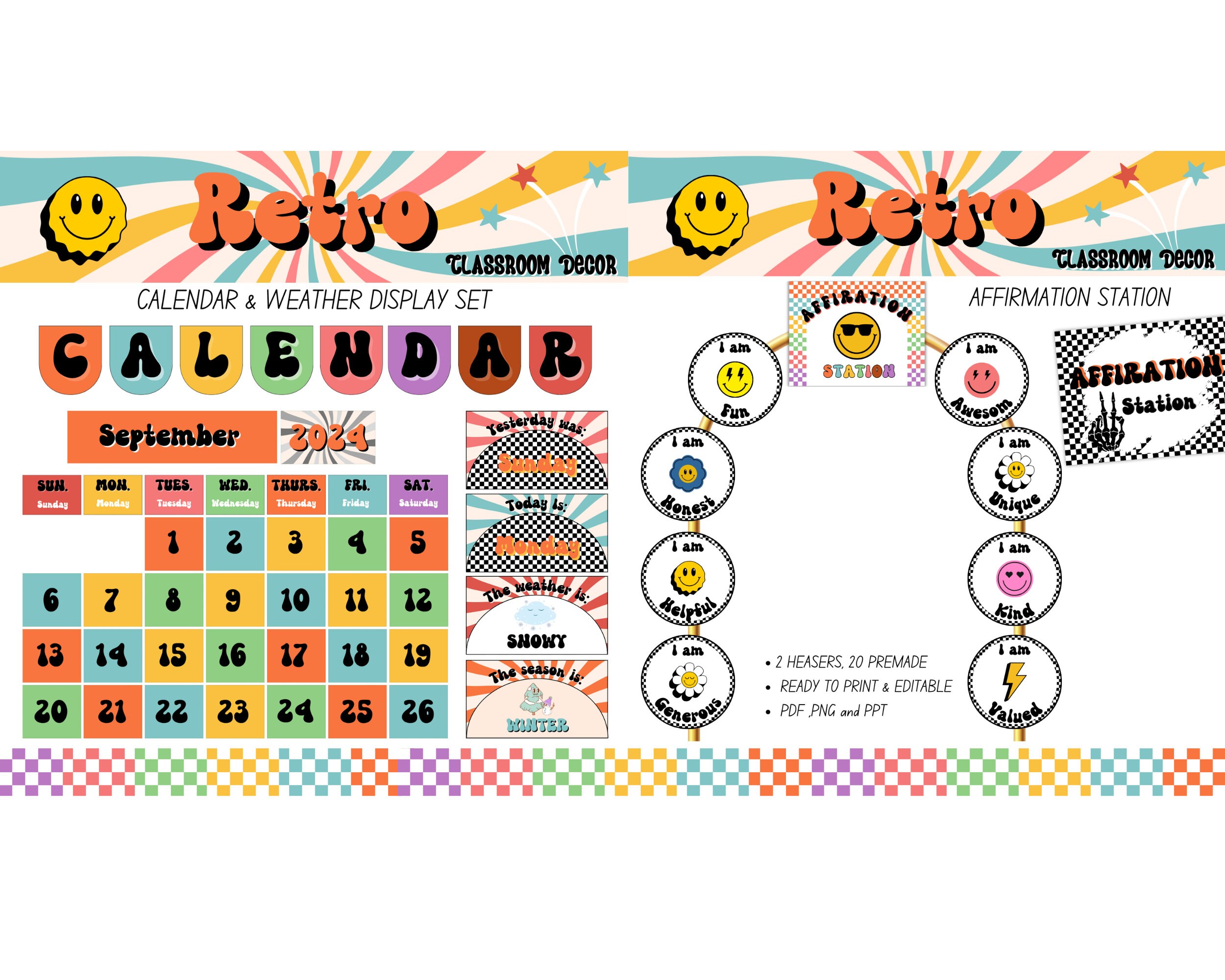 Groovy Retro Classroom Decor Bundle Editable 70s Smiley Face Theme ...