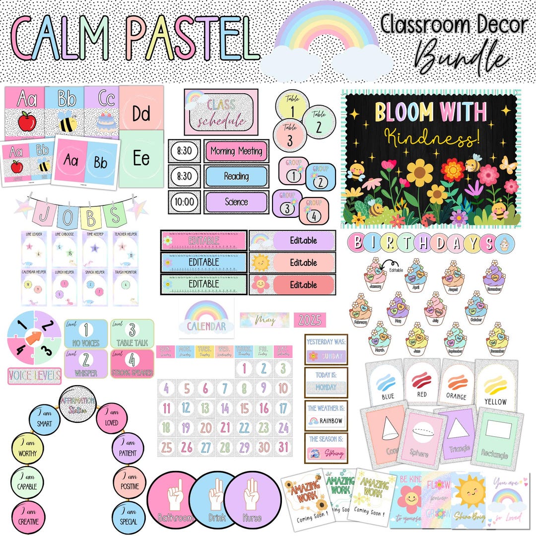 Editable Calm Pastel Classroom Decor Bundle | Modern Printable Teacher ...