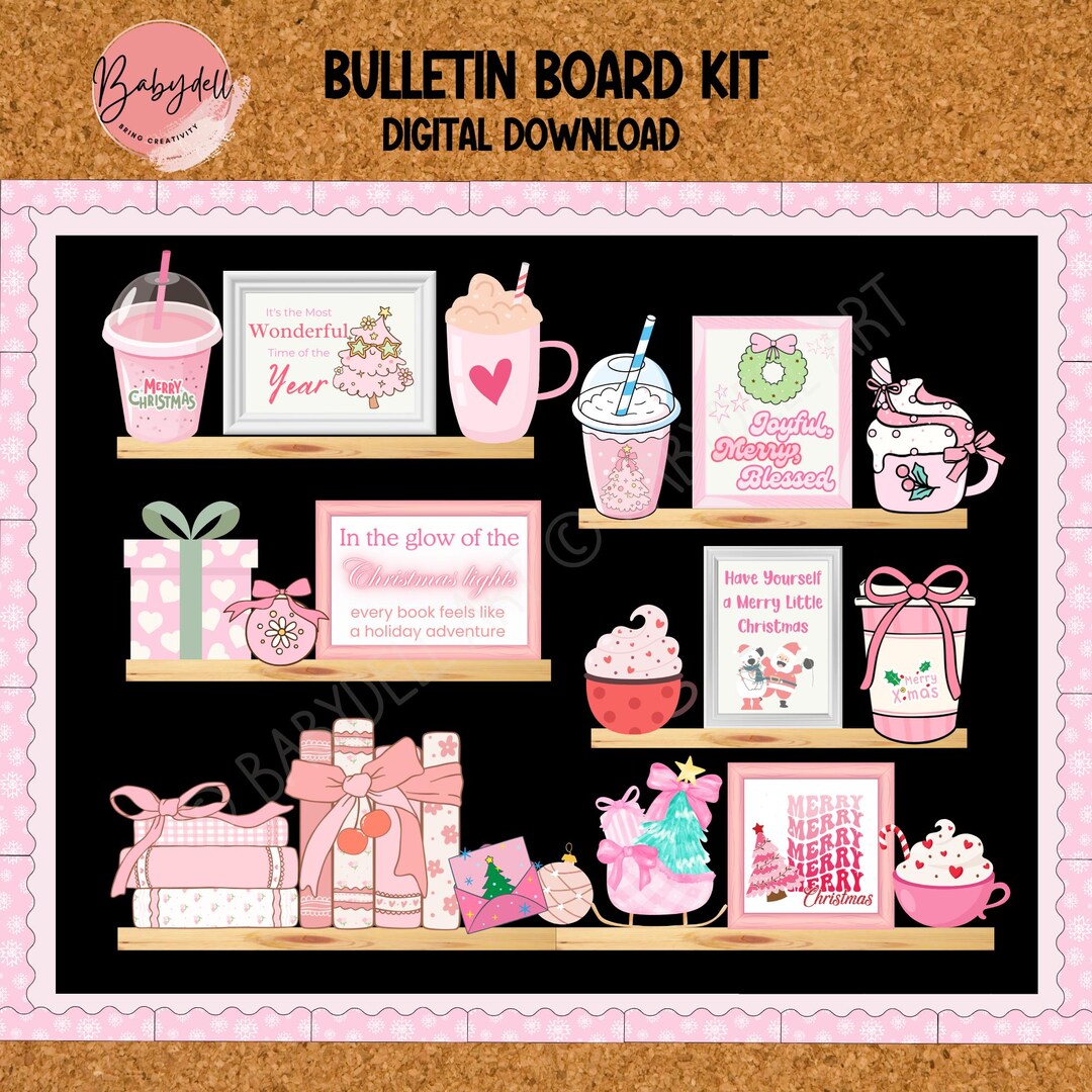 Hot Cocoa Bulletin Board Christmas Decor Kit | Cozy Pink Christmas ...