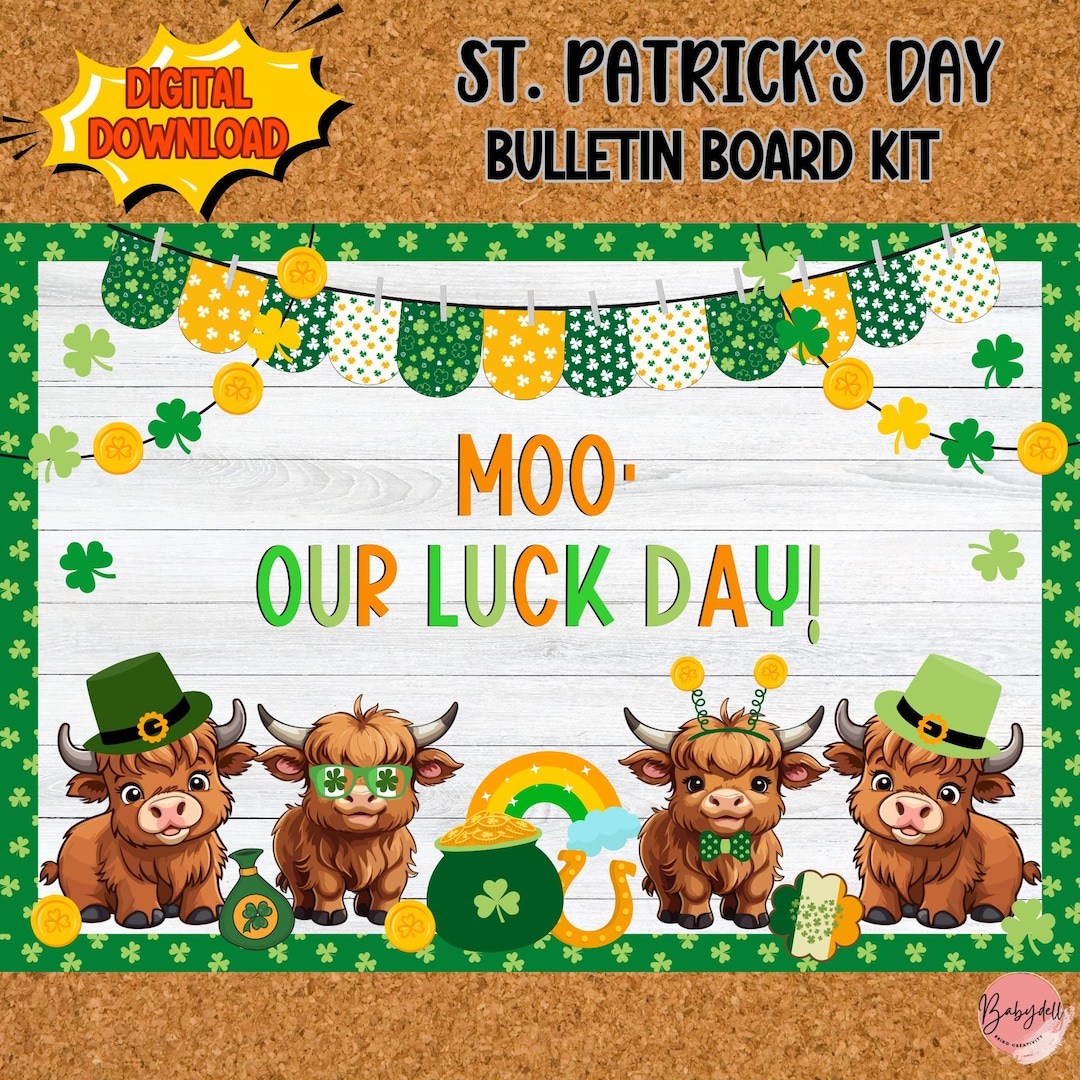 Highland Cow St. Patrick's Day Bulletin Board Kit – Moo-our Luck Day ...