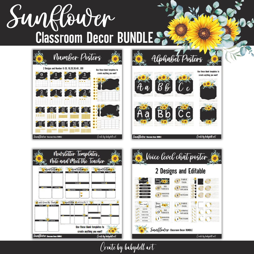 Sunflower Classroom Decor Theme Bundle Printable Classroom Bulletin ...