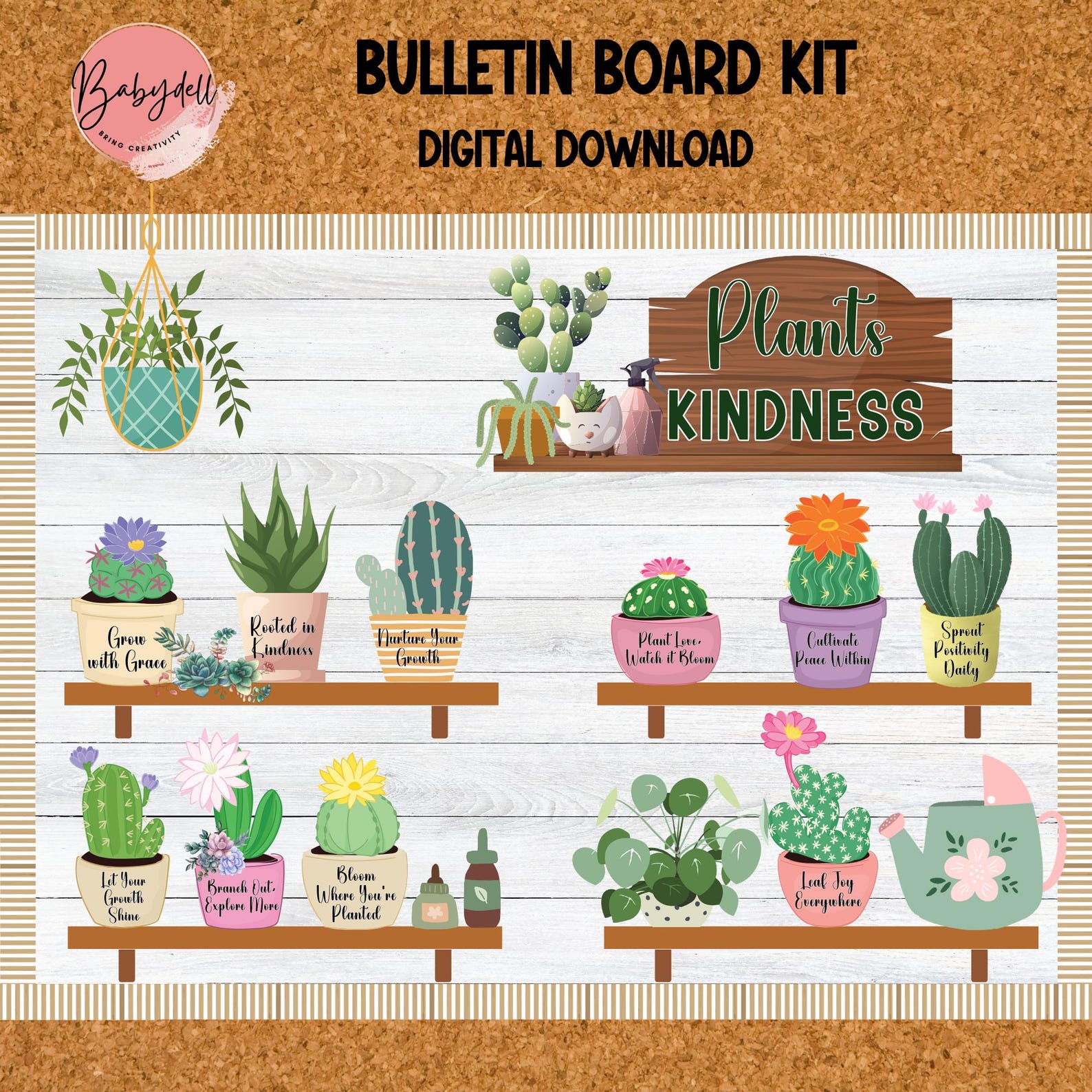 Plants Kindness Classroom Bulletin Board Kit, Printable Cactus Decor ...