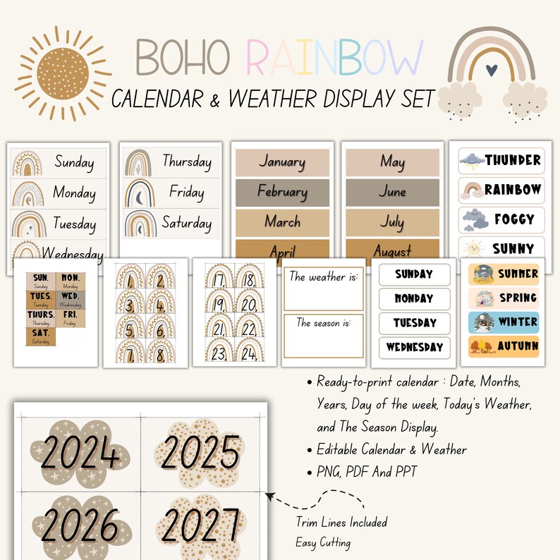 Editable BOHO Rainbow Classroom Calendar and Weather Display, Neutral ...
