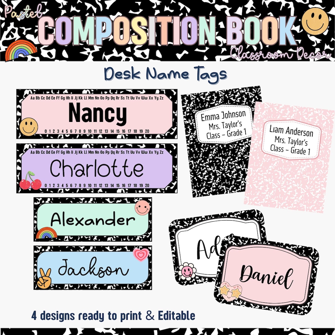 Pastel Composition Book Desk Name Plates: Editable Classroom Decor (PDF ...