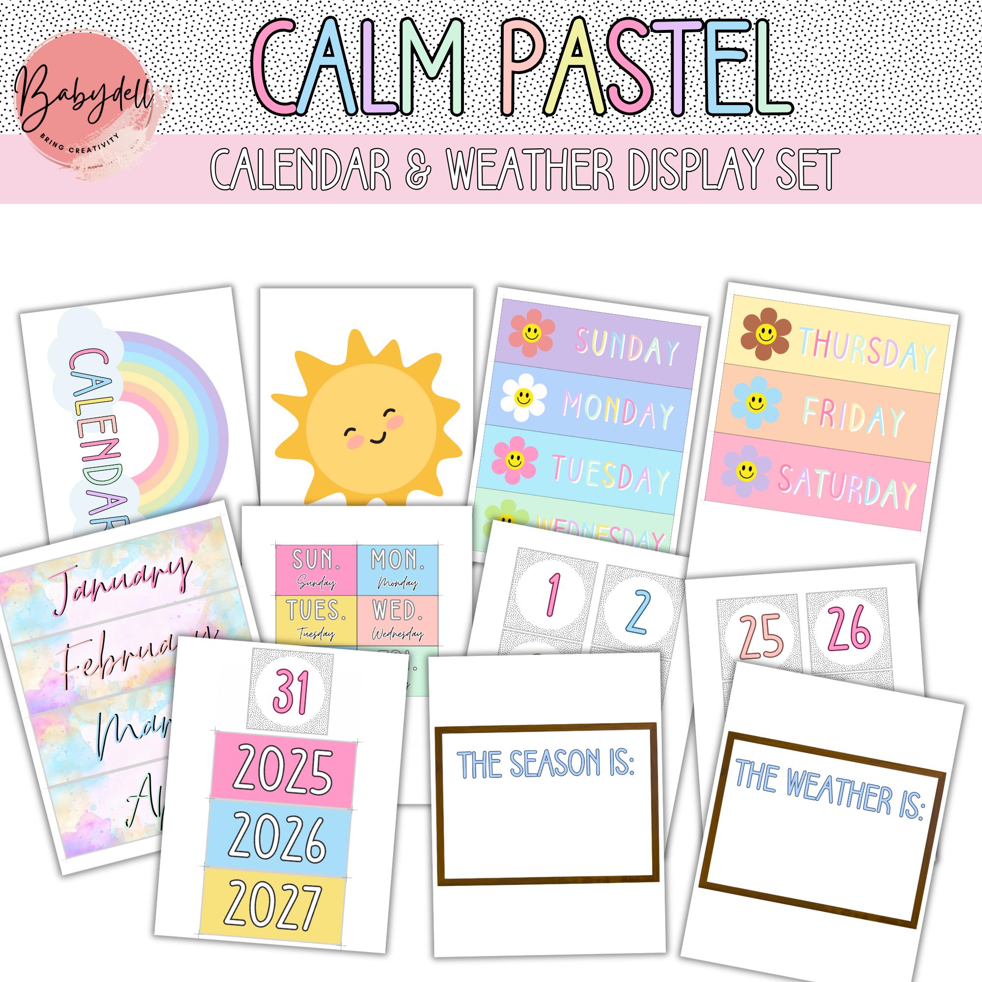 Calm Pastel Classroom Calendar and Weather Chart for Morning Meeting ...