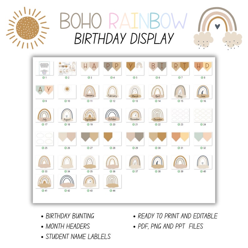 Boho Rainbow Birthday Display | Editable Classroom Birthday Chart ...