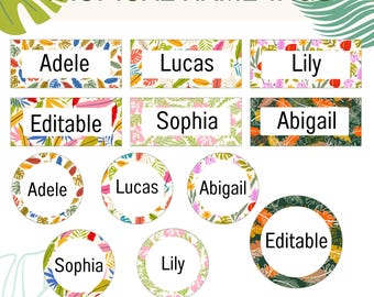 Watercolor Tropical Name Tags: Editable Summer Desk Plates (digital ...