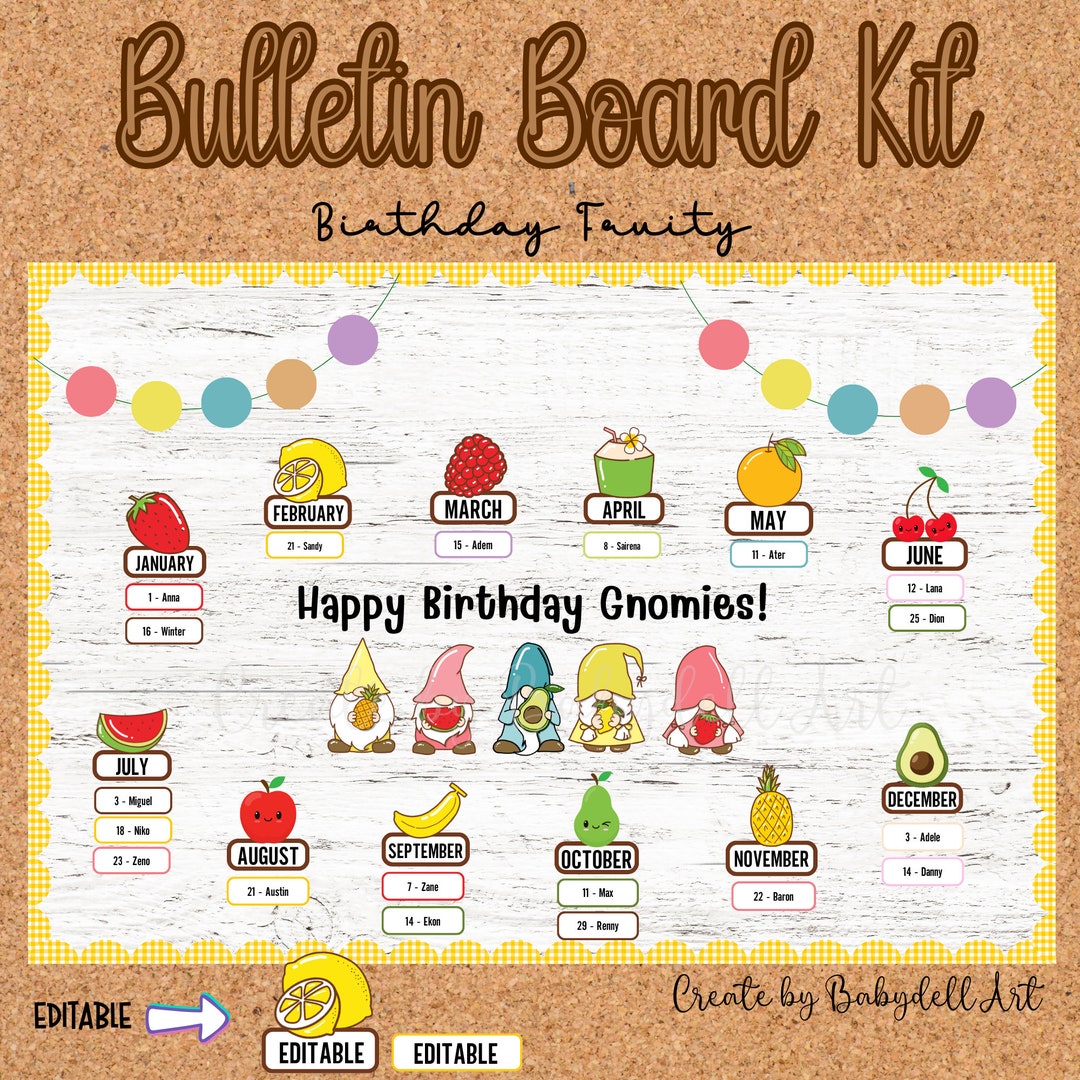 Birthday Display Bulletin Board Editable Fruit Gnome Classroom Decor - Etsy
