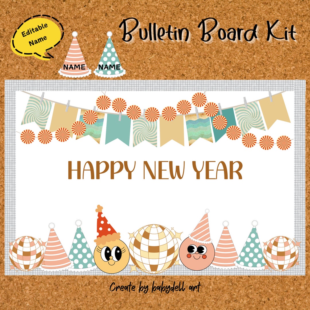 Retro New Year Bulletin Board January Door Decor Winter Bulletin Board ...