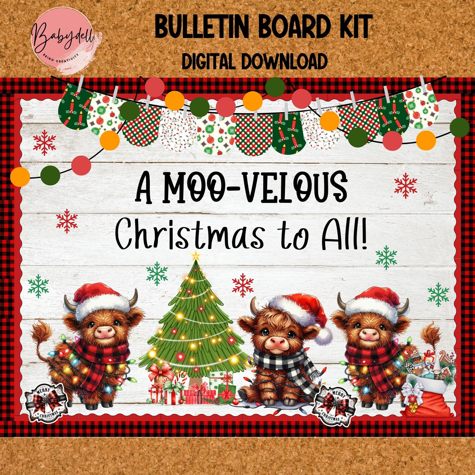 Christmas Bulletin Board | Highland Cow Merry Christmas Door Decor ...
