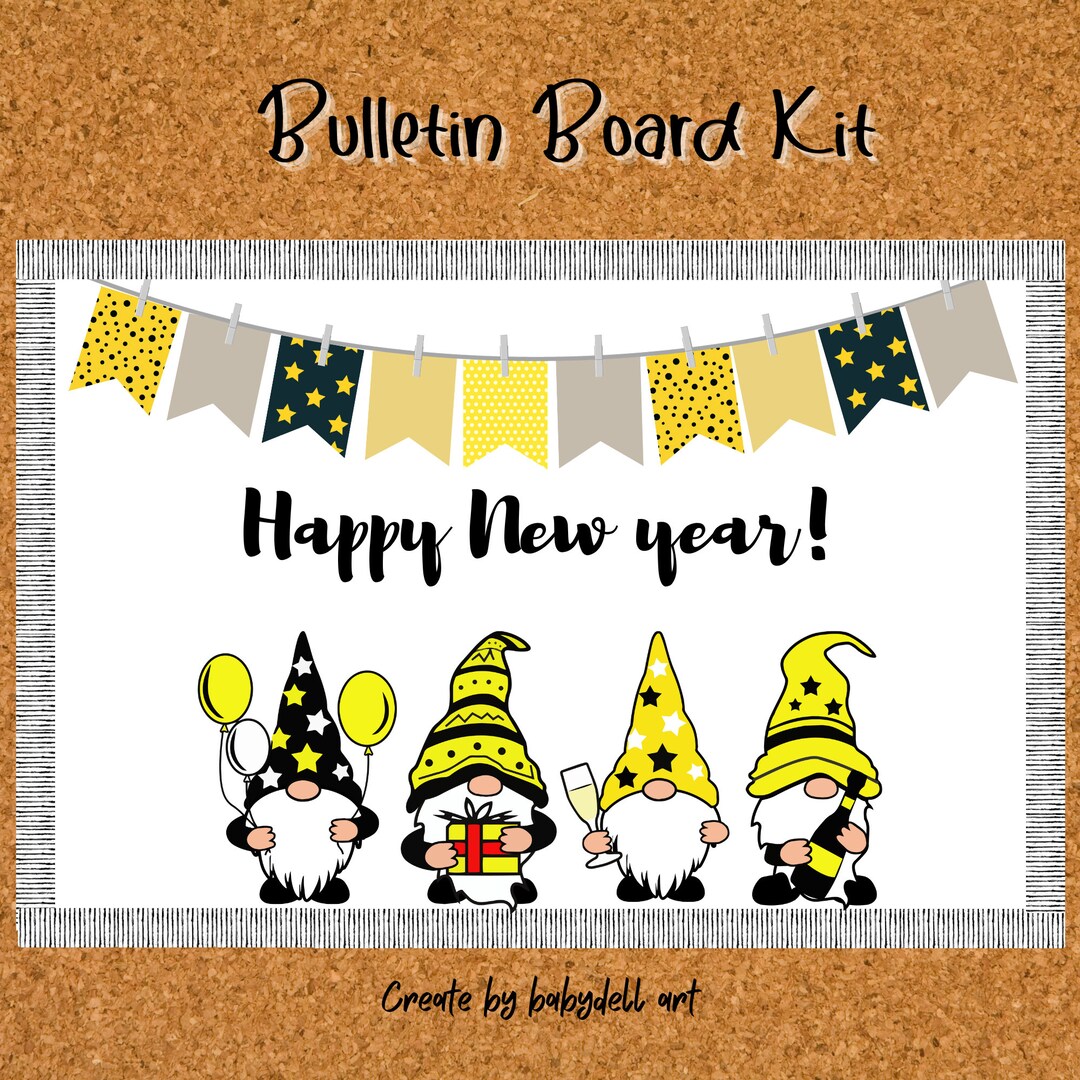 Happy New Year Bulletin Board Door Decor Gnome January Bulletin Board ...