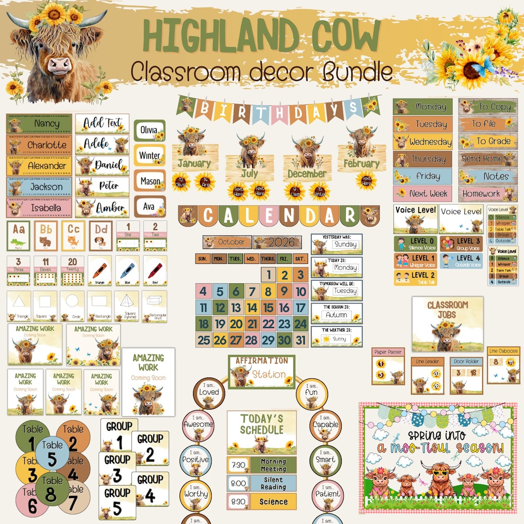 Highland Cow Classroom Decor Bundle: Modern Farmhouse Theme (digital ...
