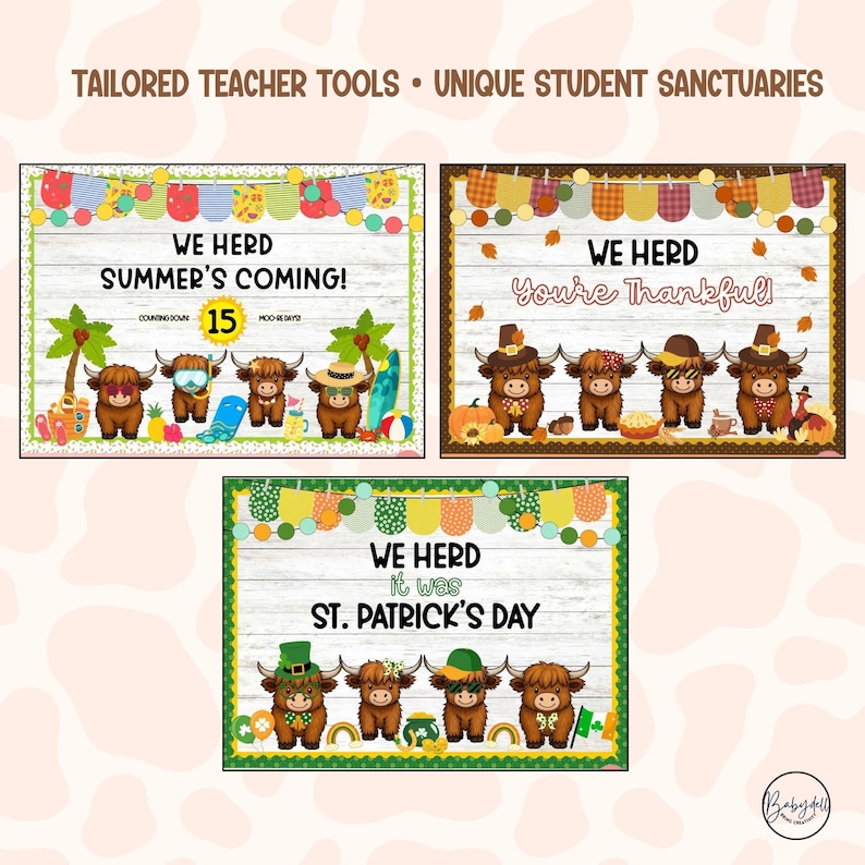 Cow Bulletin Board Bundle Year Long Highland Cattle Seasonal Classroom ...
