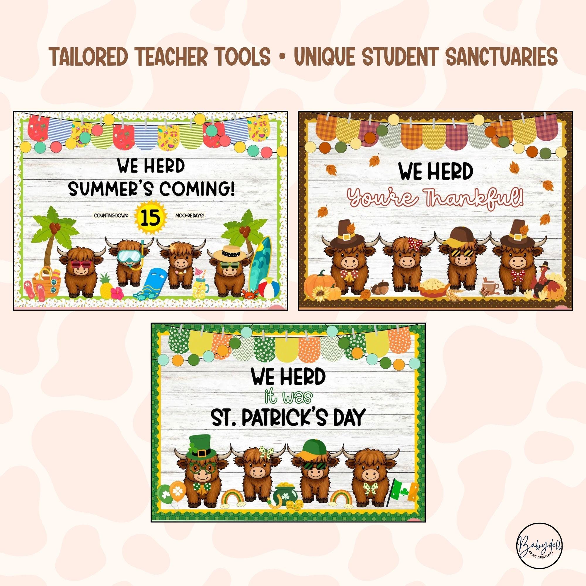 Cow Bulletin Board Bundle Year Long Highland Cattle Seasonal Classroom ...