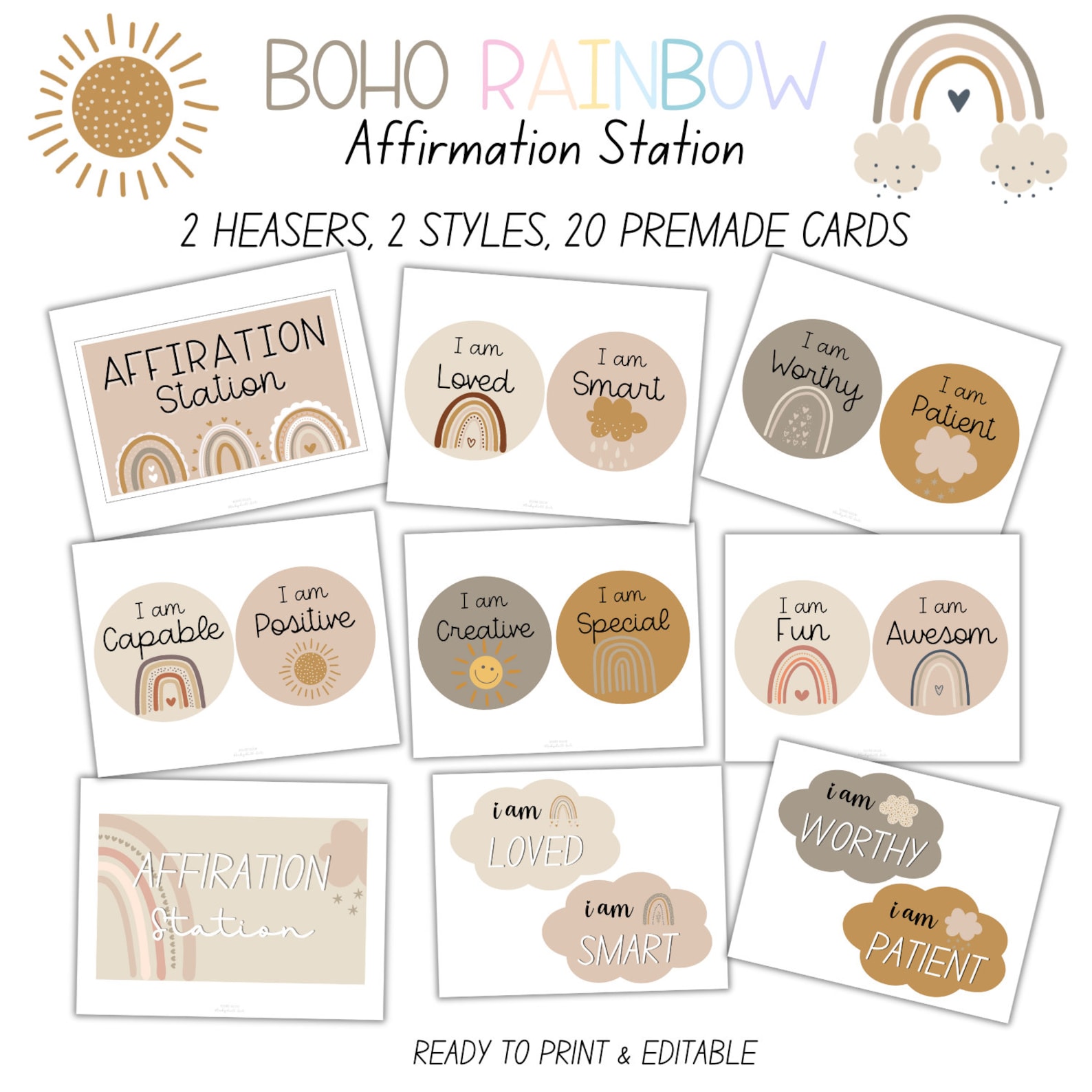 Editable Affirmation Station Kit Boho Rainbow Classroom Decor Positive ...