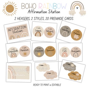 Boho Rainbow Affirmation Station Kit | Editable Mirror Talk Cards ...
