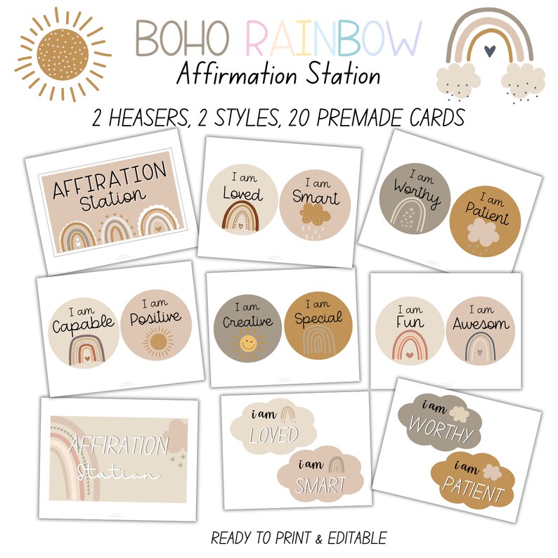 Editable Affirmation Station Kit Boho Rainbow Classroom Decor Positive ...