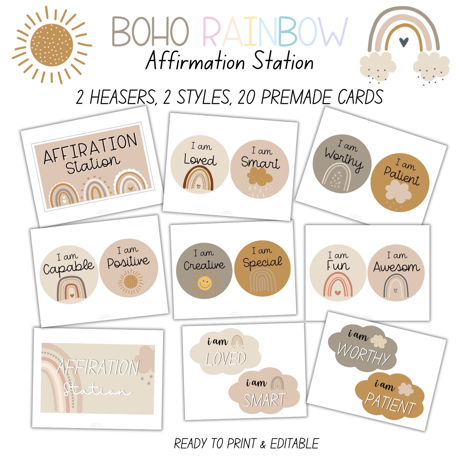 Editable Affirmation Station Kit Boho Rainbow Classroom Decor Positive ...