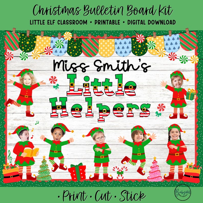 Christmas Elf Bulletin Board Kit Printable Classroom Decor With Student ...