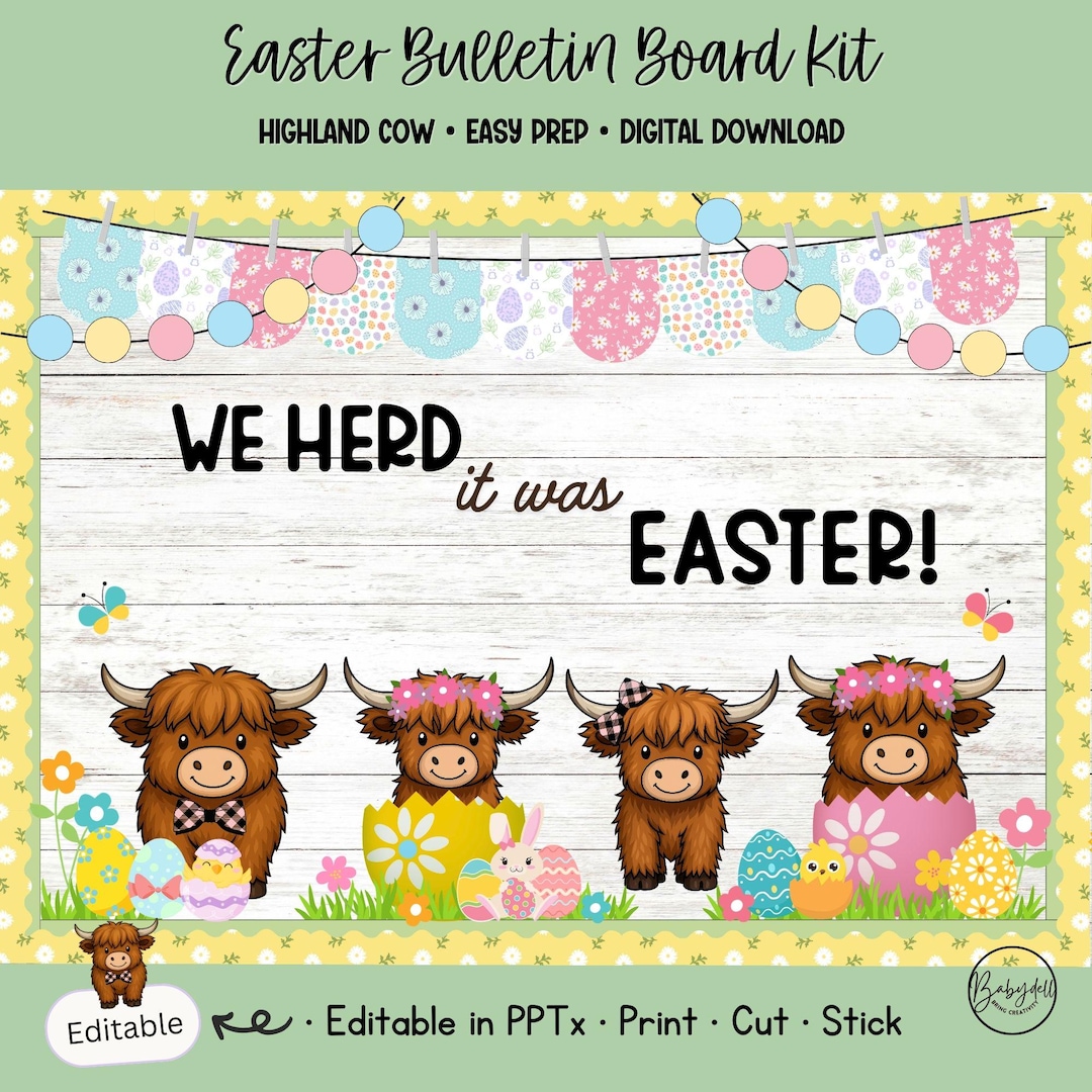 Easter Bulletin Kit Highland Cow Spring Classroom Door Decor Teacher ...