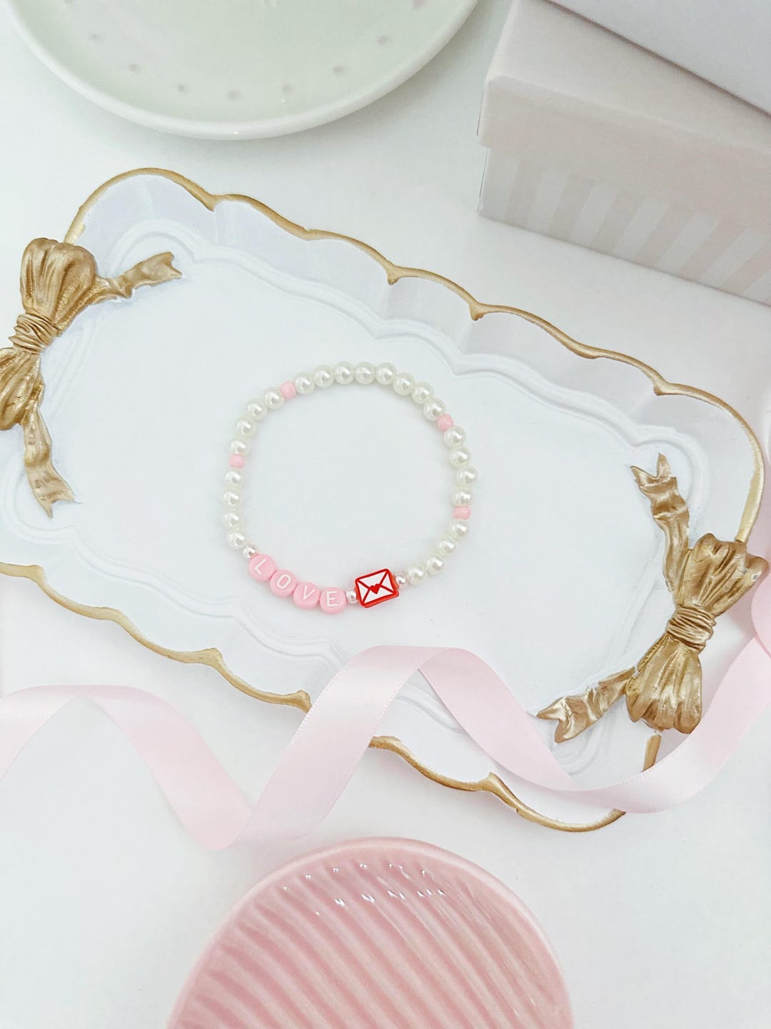 Pink Valentine’s Day Love Letter Bead Stackable Pearl Bracelet - Etsy