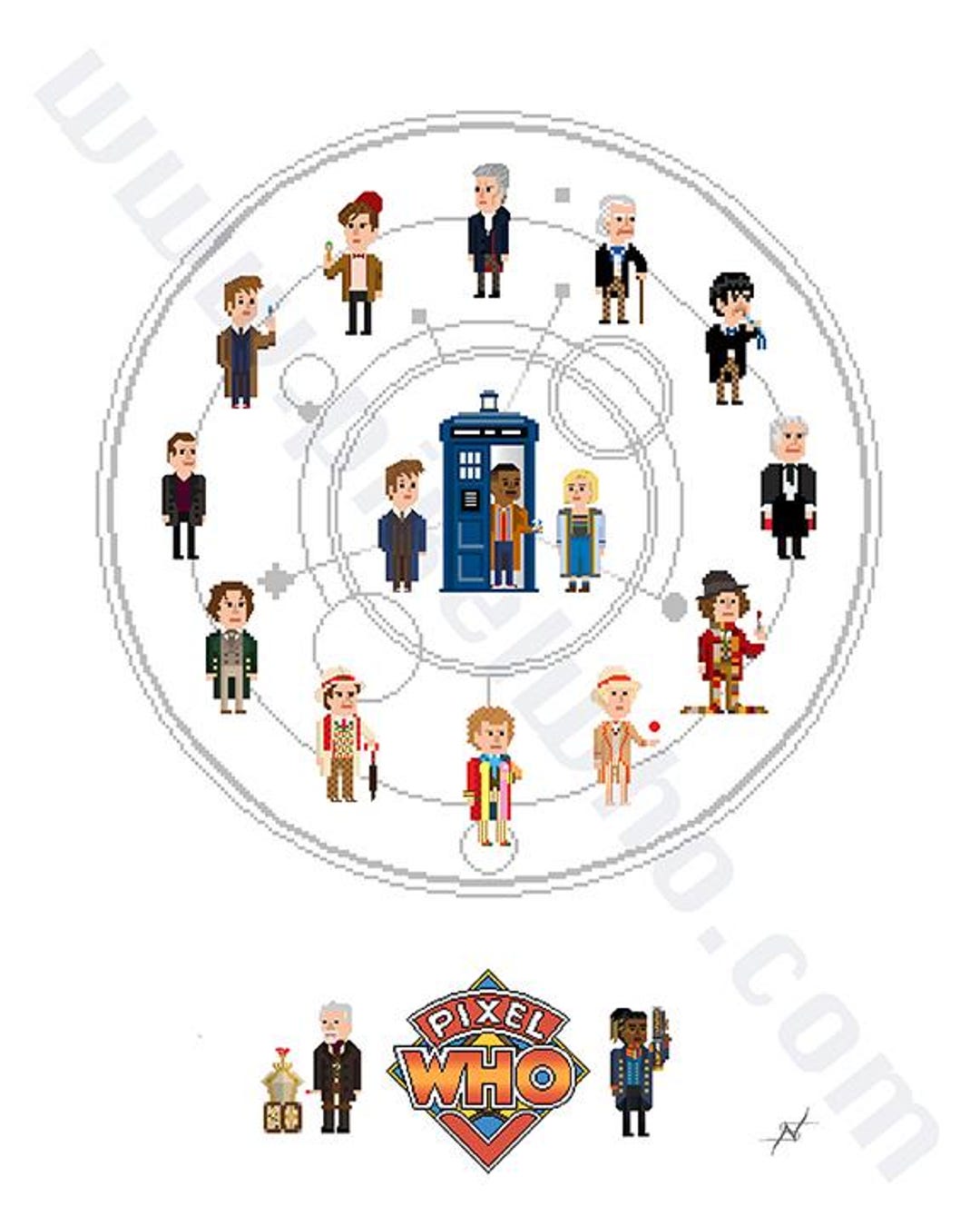 17 Doctors With TARDIS and Gallifreyan Symbol [8-bit Pixel Art Style ...