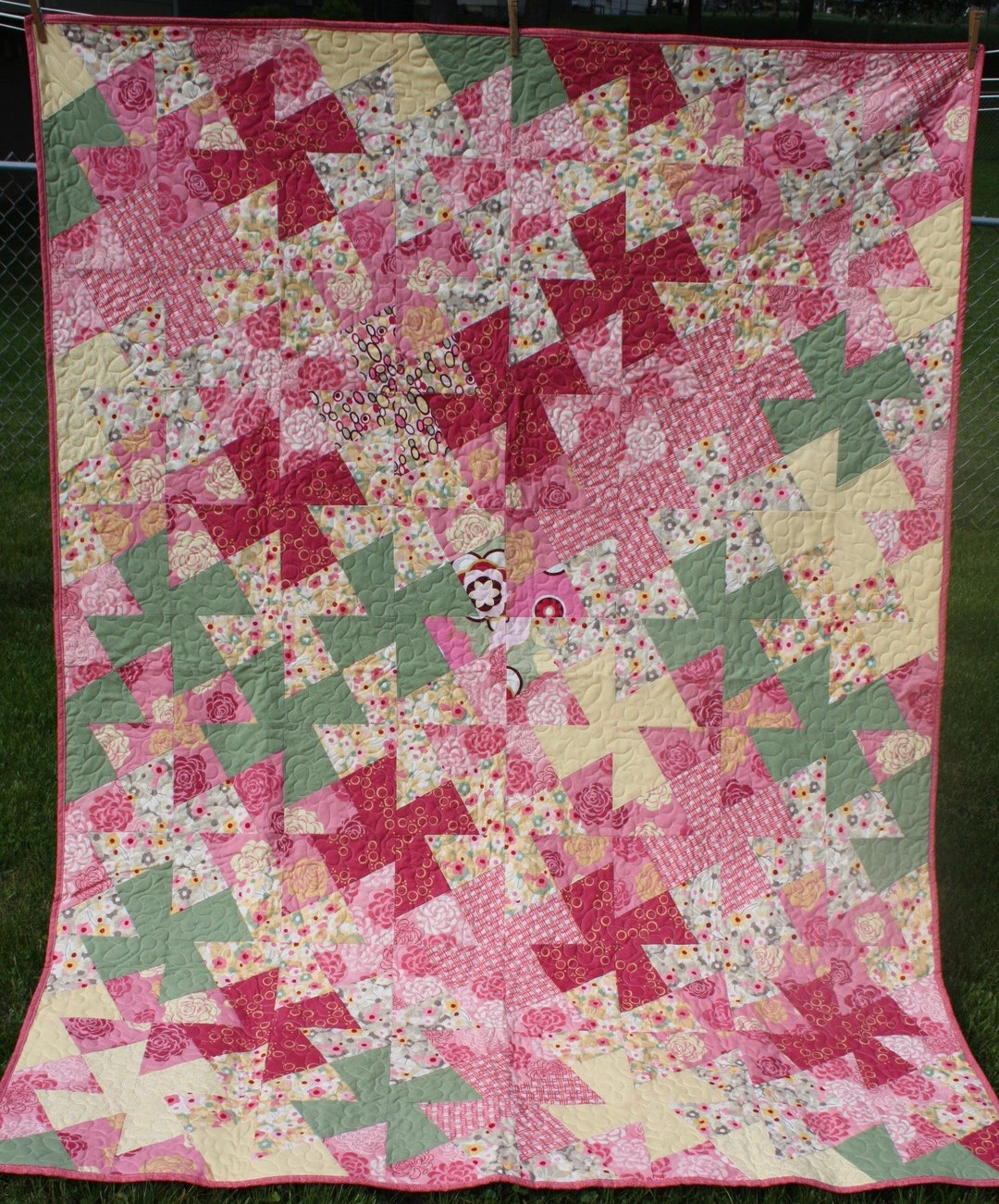 Twin Quilt Bedding for Girl Pink Green White Handmade Twister Pattern ...