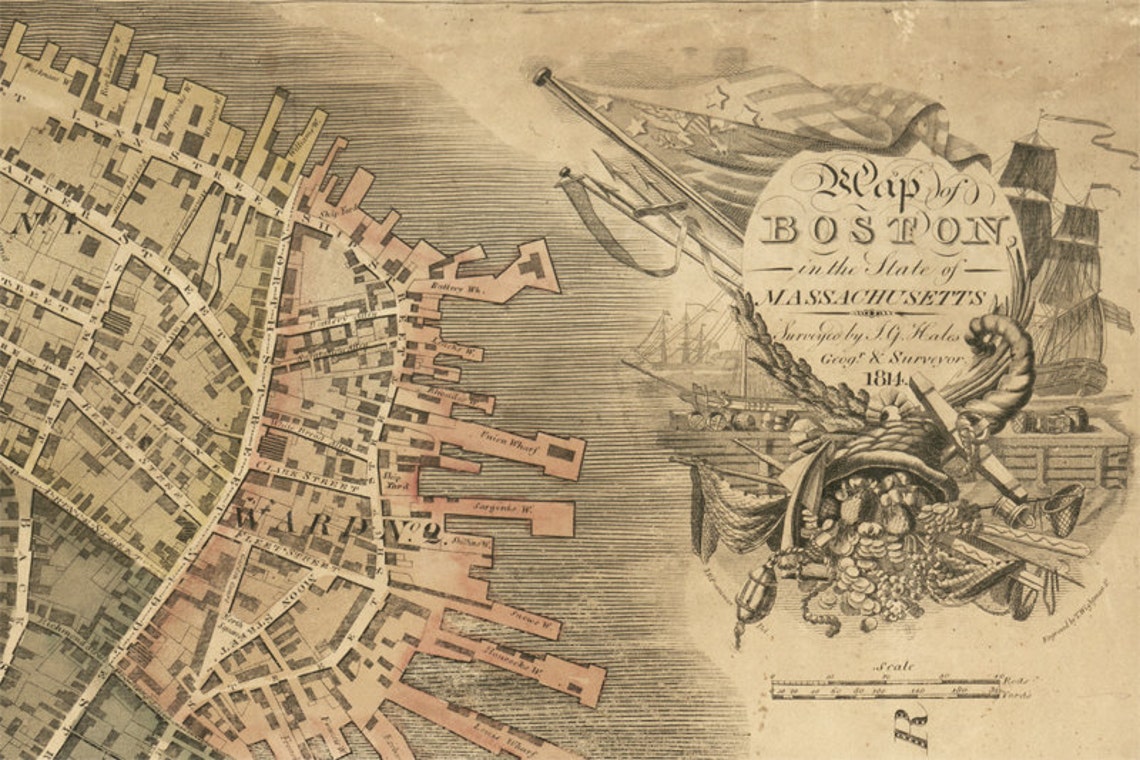 1814 Boston Vintage Map Canvas Print - Etsy