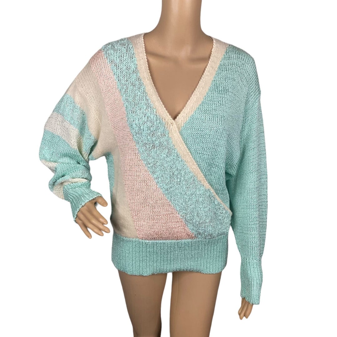 Vtg 80s Side Effects Mint Green Pink Pastel Stripe Cross Front Sweater ...