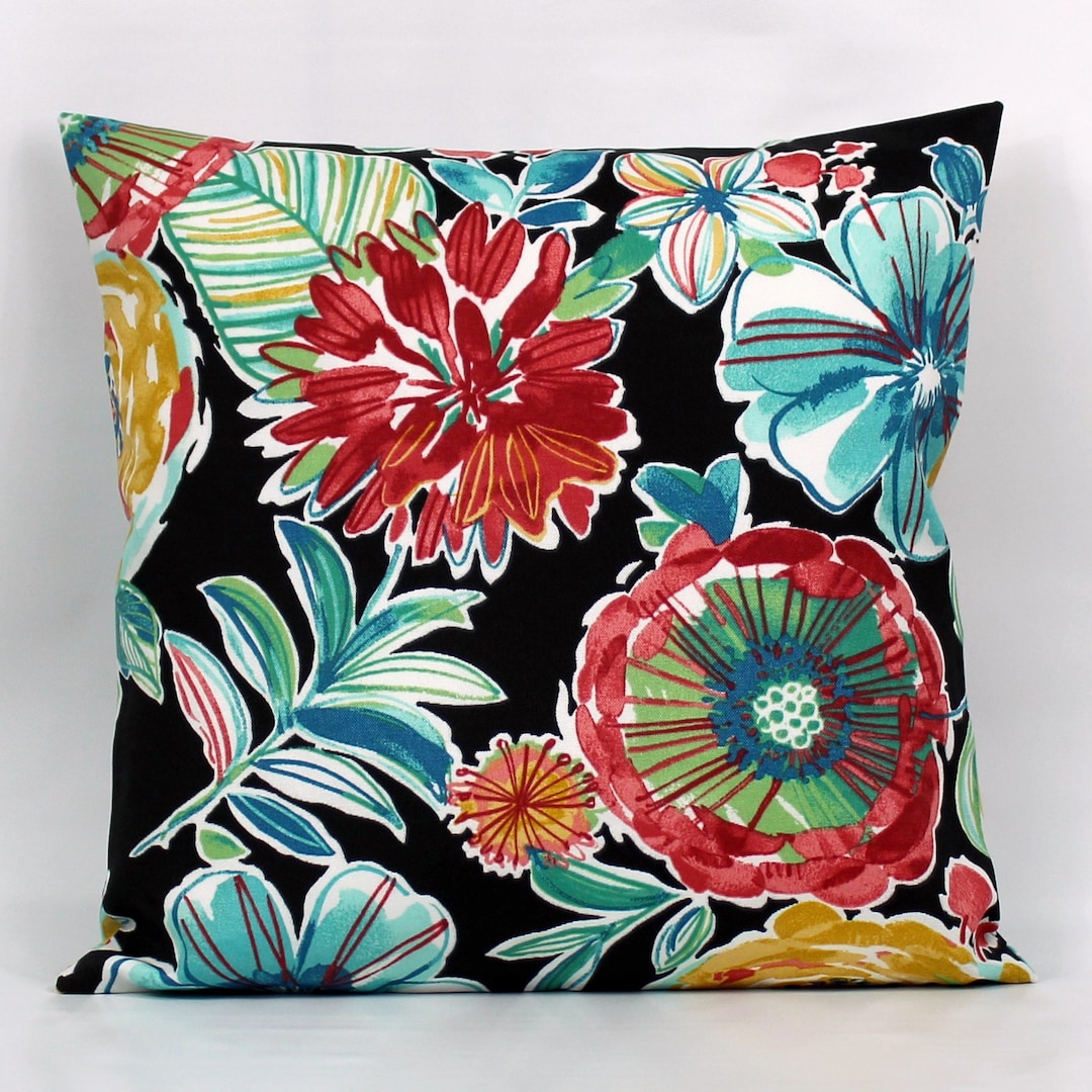 Black Floral Outdoor Pillow Cover, Colorful Outdoor Pillow Cover ...