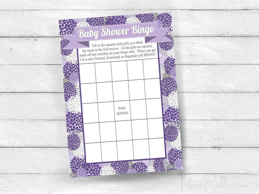 Purple Baby Shower Bingo Game Cards, Hydrangeas, INSTANT DOWNLOAD, Diy ...