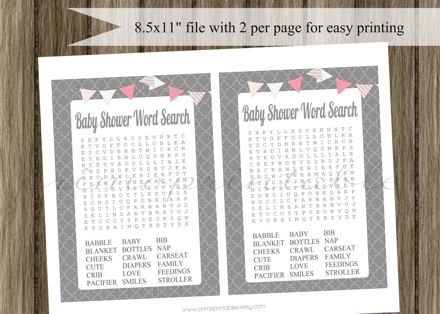 Baby Shower Word Search Game Cards, Girl Baby Shower, Pink and Gray ...