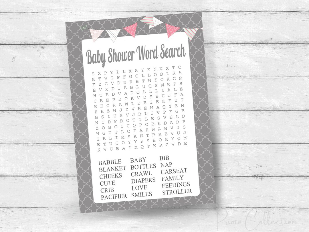 Baby Shower Word Search Game Cards, Girl Baby Shower, Pink and Gray ...
