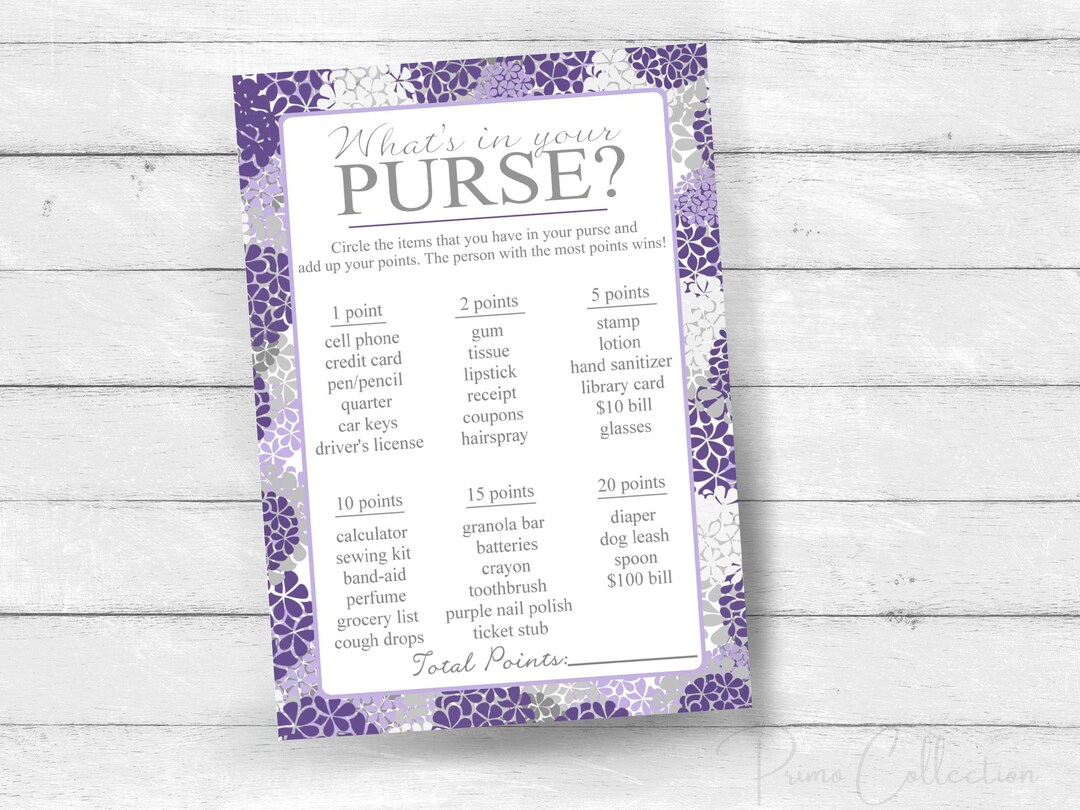 Bridal Shower Purse Game Printable Cards , Purple Hydrangeas, INSTANT ...