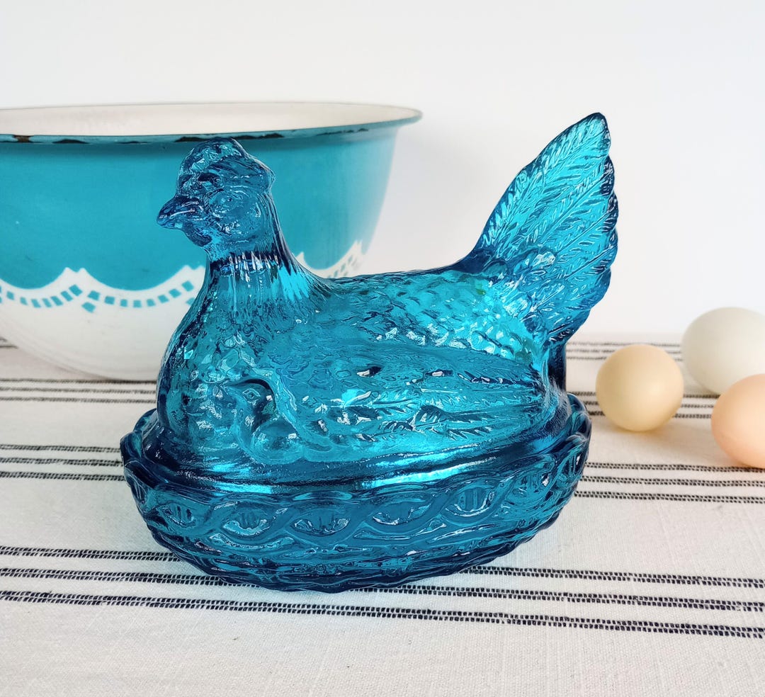 Glass Hen on Nest, LE Smith Capri Blue Chicken Egg Container Trinket Dish Storage Box - Etsy