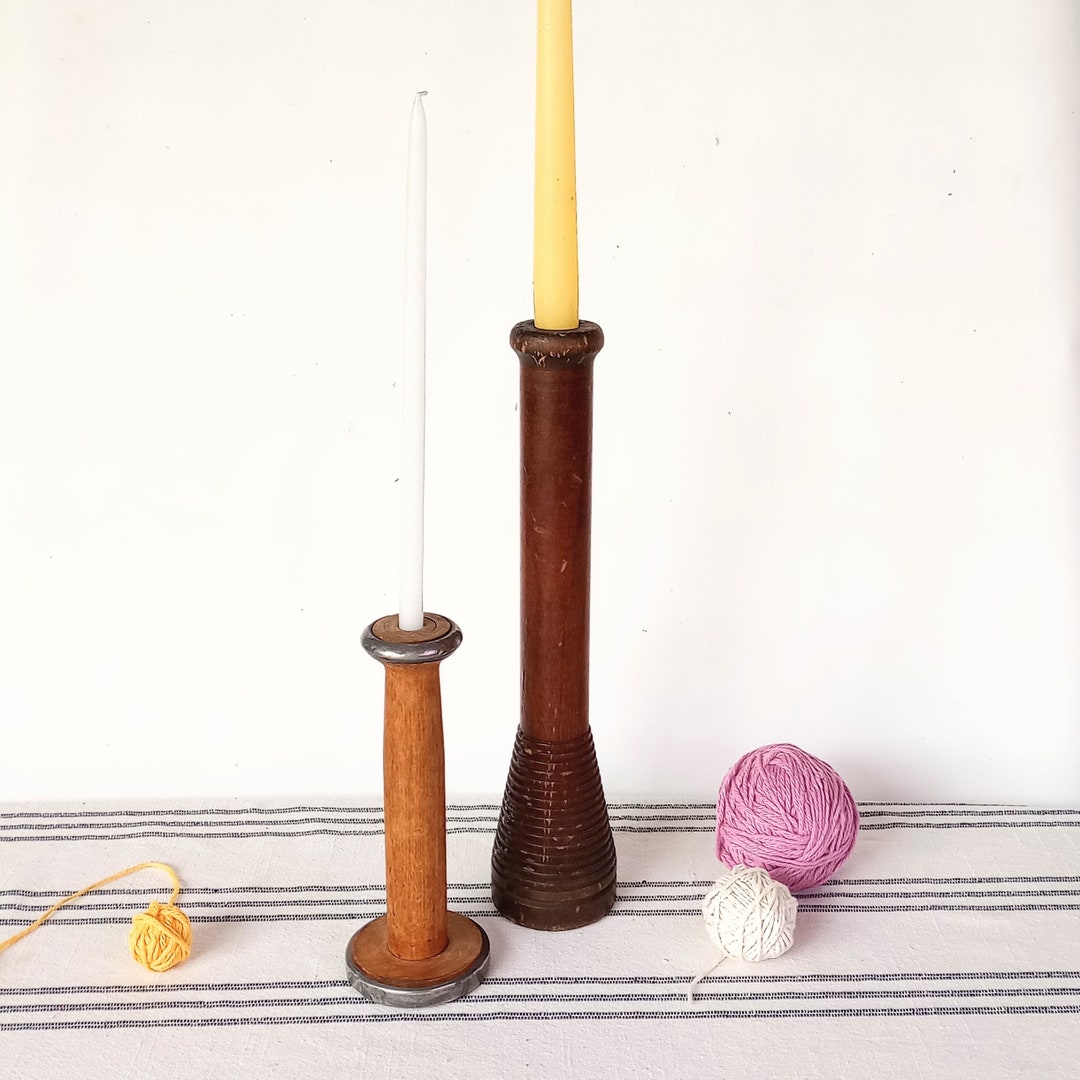 Antique Spool Bobbin Candlesticks, Industrial Textile Mill Primitive ...