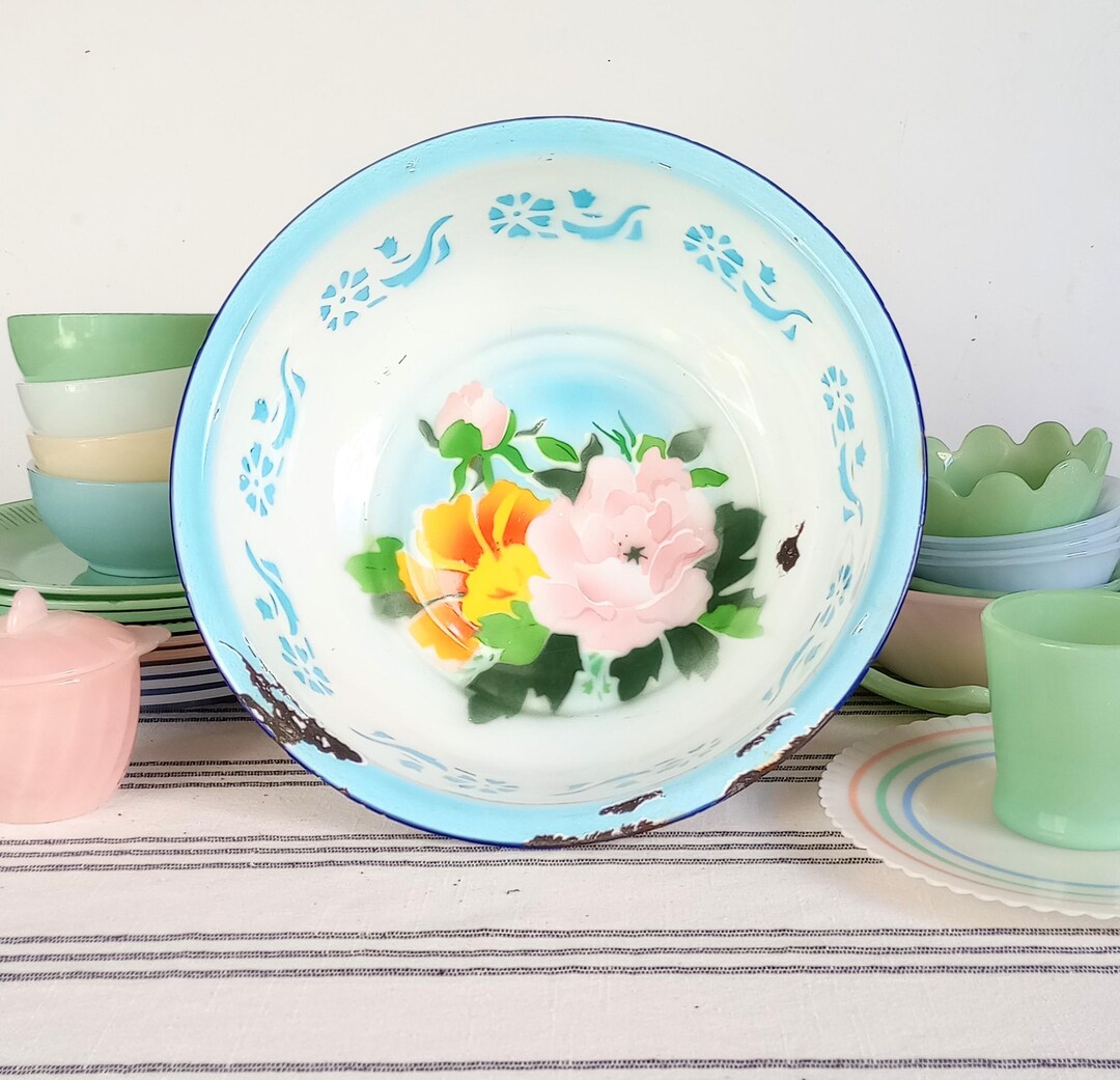Large Enamelware Bowl Basin, Flower Pattern Enamel Ware, Farmhouse ...