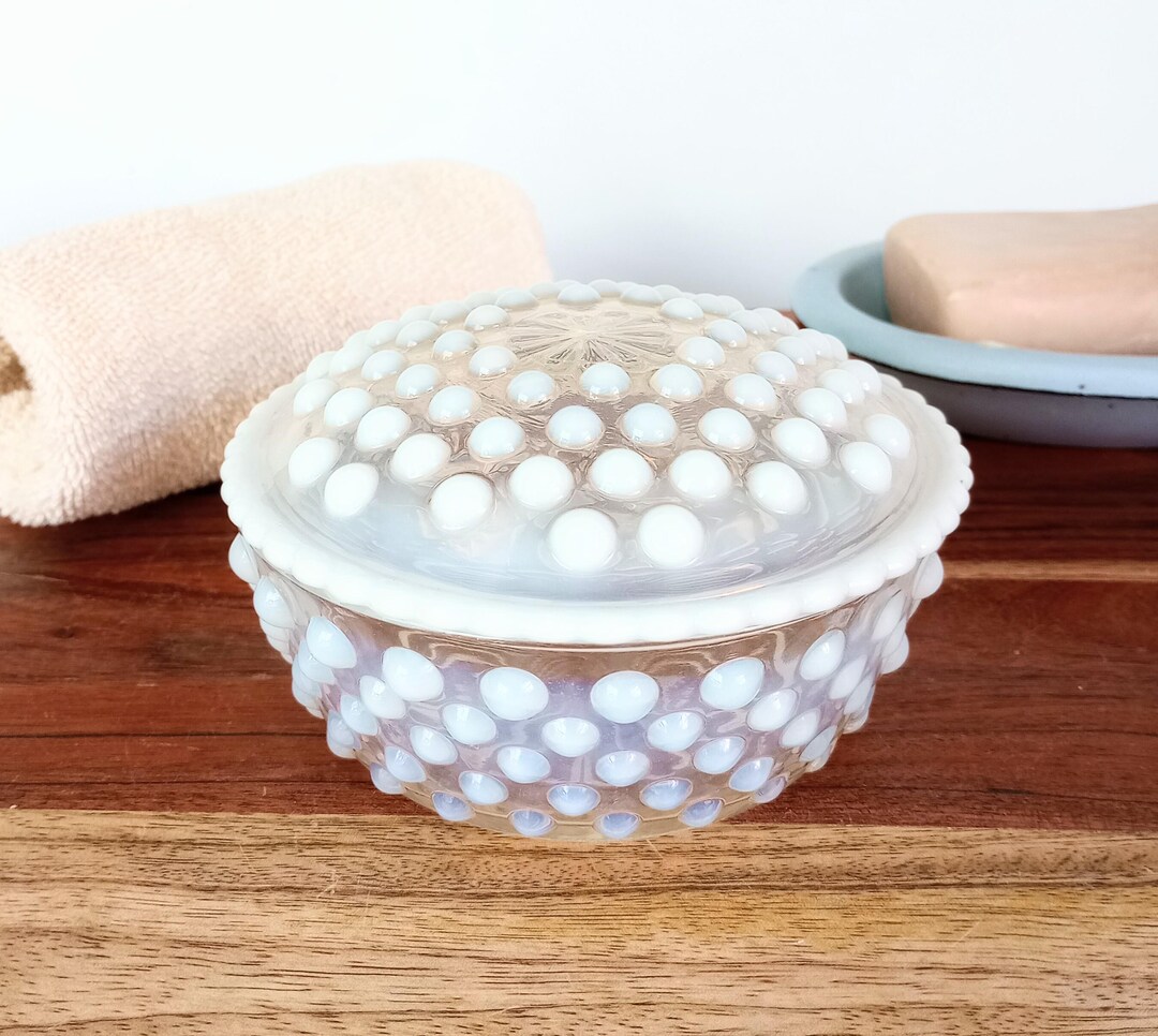 Anchor Hocking Moonstone Hobnail Jar Powder Puff Box Storage Container ...