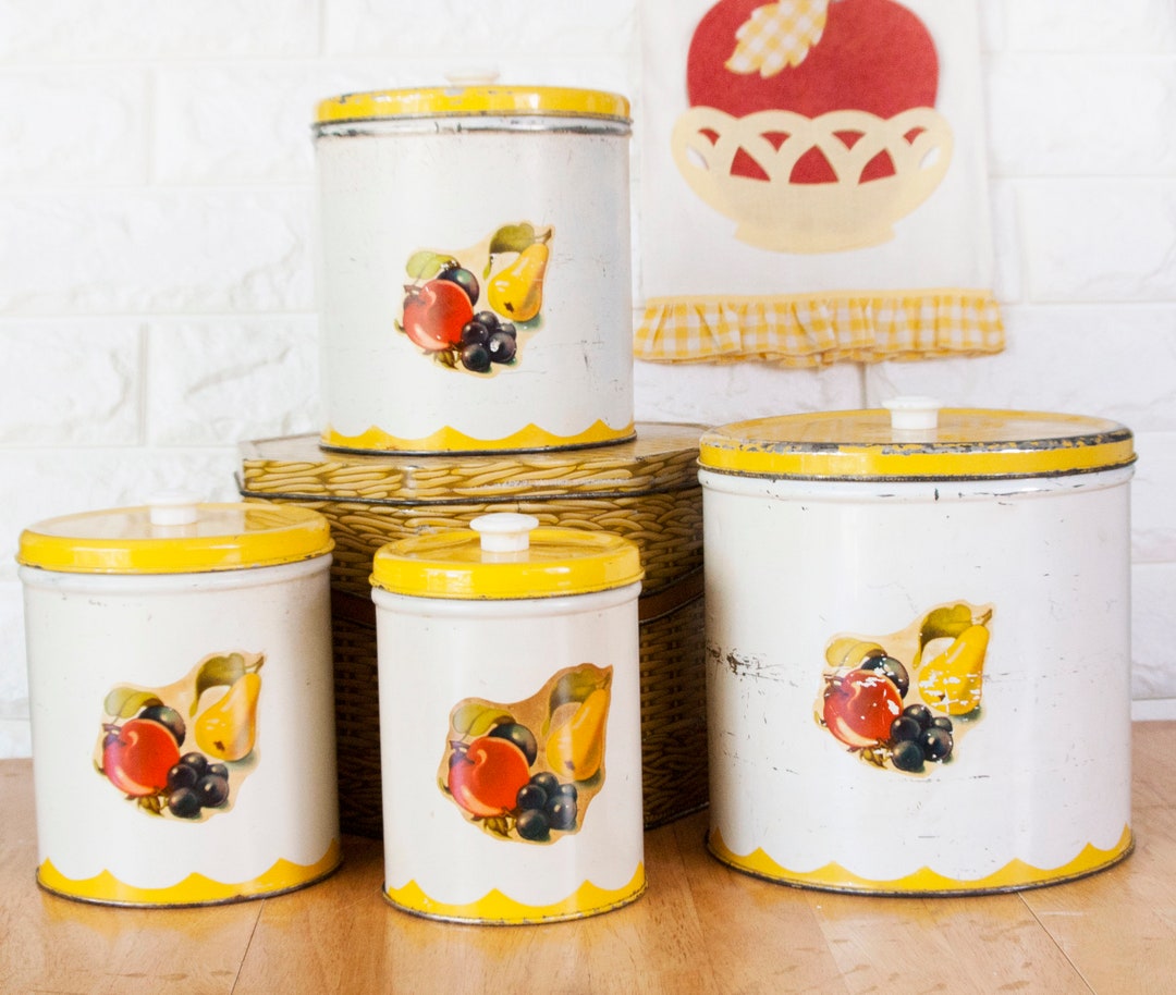 Vintage Kitchen Canisters Tin Storage Containers Set With Fruit Print ...