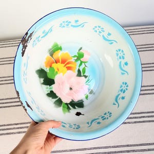Large Enamelware Bowl Basin, Flower Pattern Enamel Ware, Farmhouse ...