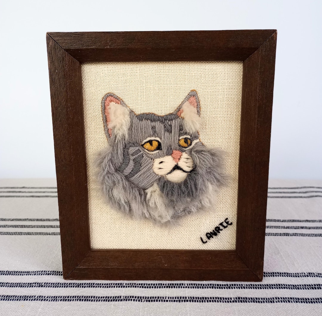 Vintage Crewel Picture: Unimpressed Cat Portrait, Funny Embroidered ...