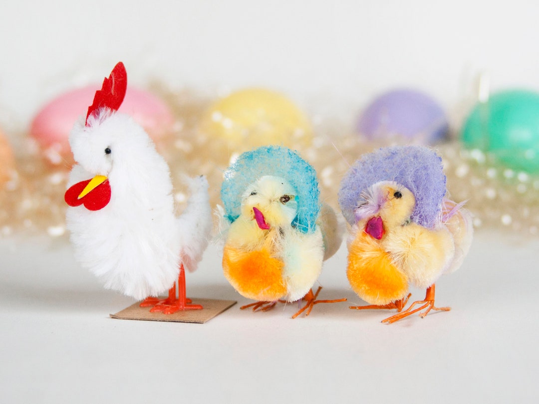 Easter Chicks Peeps Chenille Chickens, Pom Pom Chick Bonnet Hats, Set ...