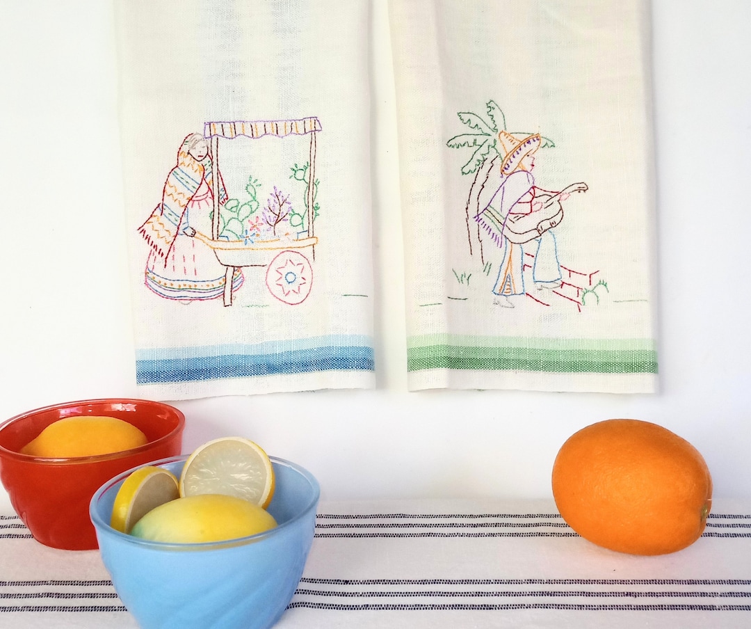 Embroidered Mexican Kitchen Towels, Striped Spanish Southwestern ...