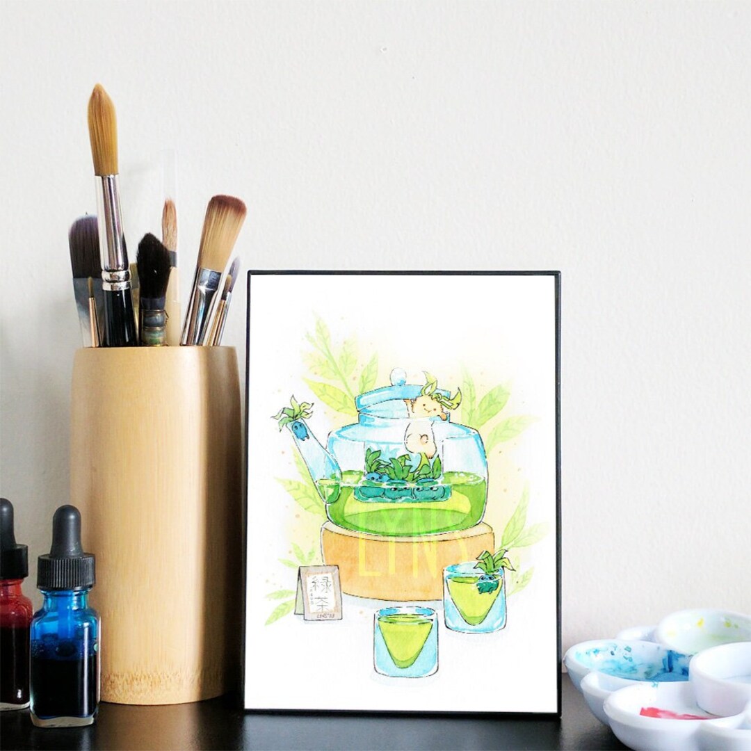 Watercolor Tea Pot | Leafeon | Green Tea Matcha Botanical | Art Print ...